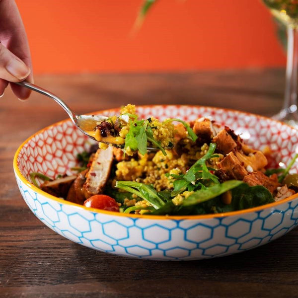 Pasta Bowl 21cm in geometric blue - Bolt of Cloth