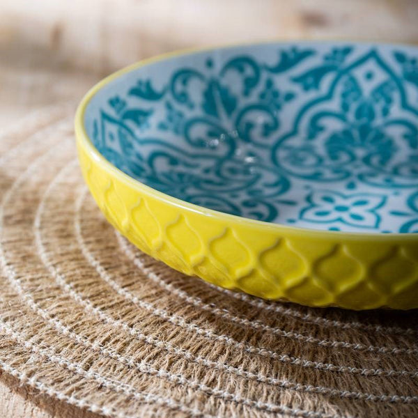 Pasta Bowl 21cm in yellow and blue geometric - Bolt of Cloth