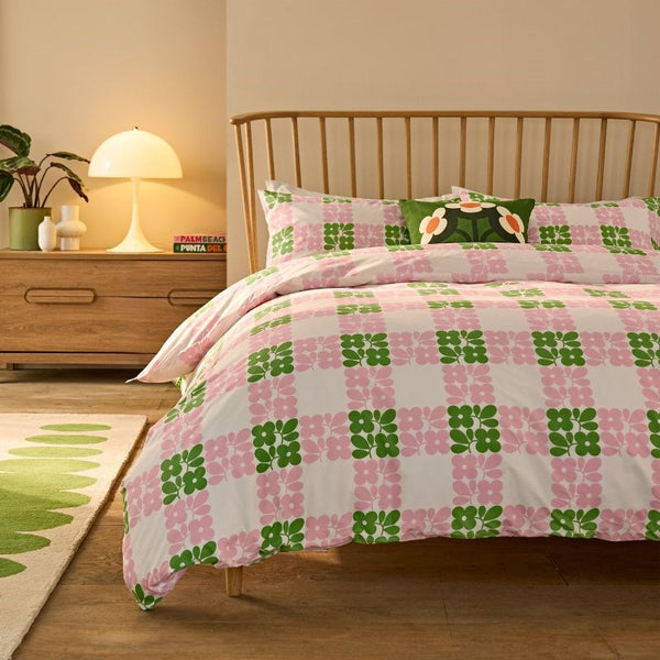 Floret Check Bedding Set in dill pink - Bolt of Cloth