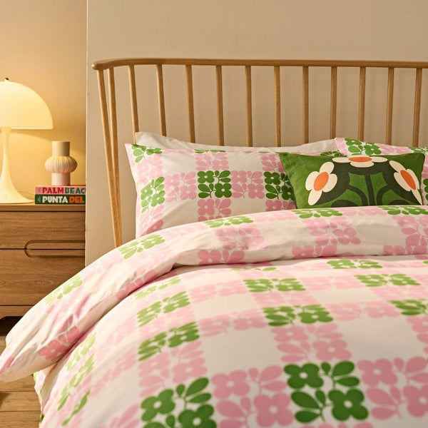Floret Check Bedding Set in dill pink - Bolt of Cloth